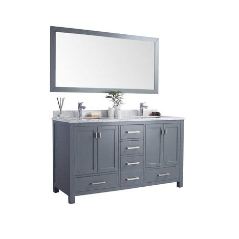 Wilson 60" Grey Double Sink Bathroom Vanity with White Carrara Marble ...