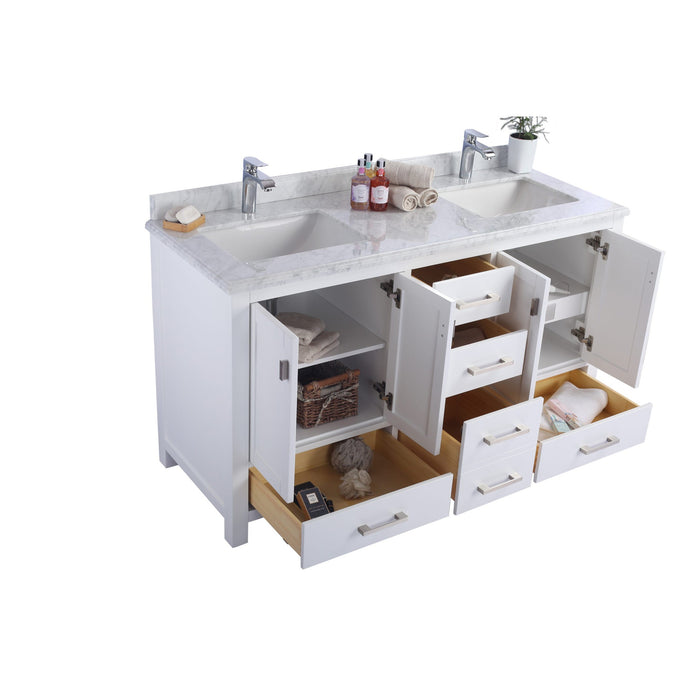 Wilson 60" White Double Sink Bathroom Vanity with White Carrara Marble ...